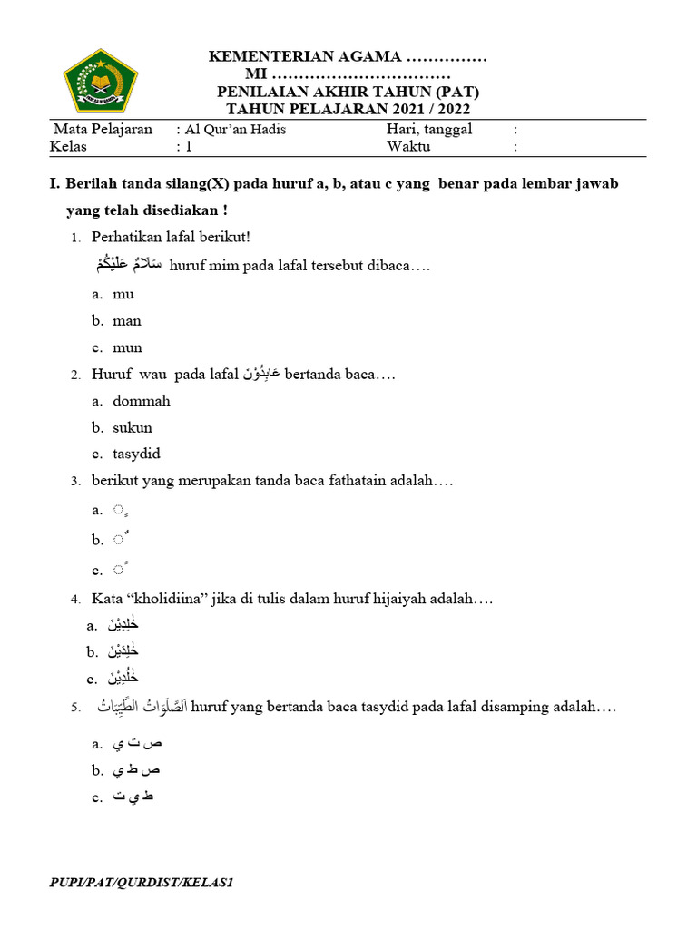 Soal PAT Al-Quran Hadis Kelas 1 | PDF