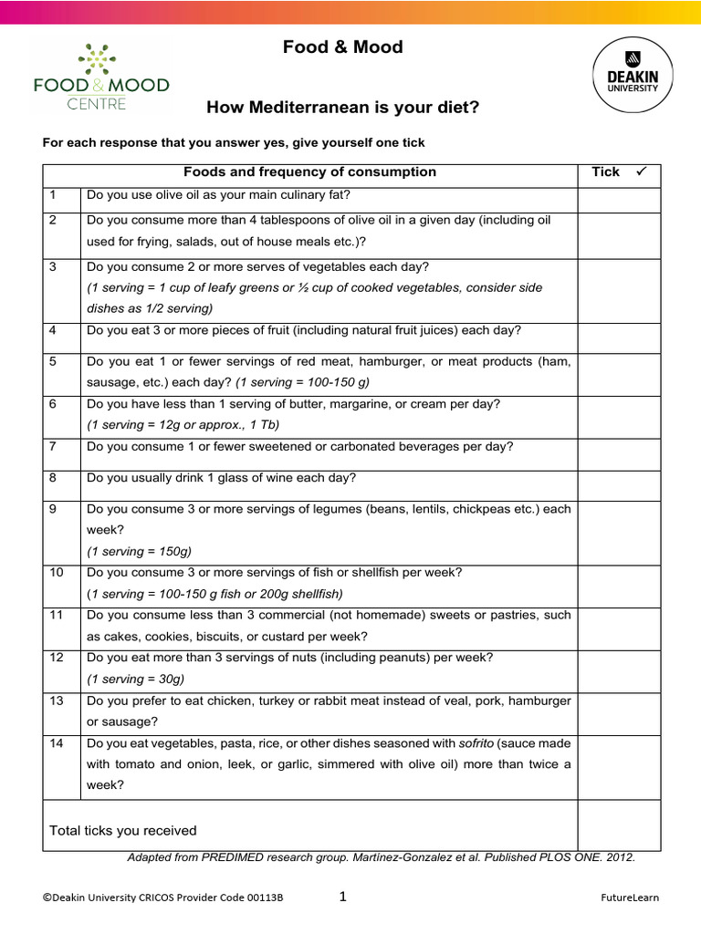 Mediterranean Diet Questionnaire | PDF