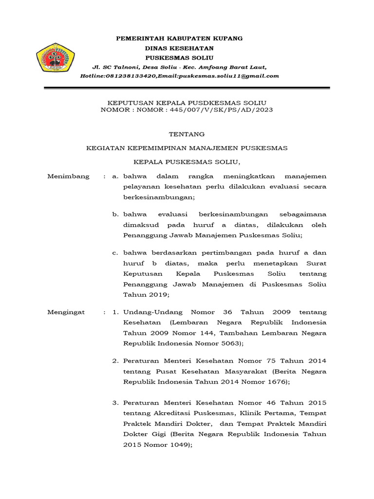 SK Kegiatan Kepemimpinan Manajemen Puskesmas (KMP) | PDF