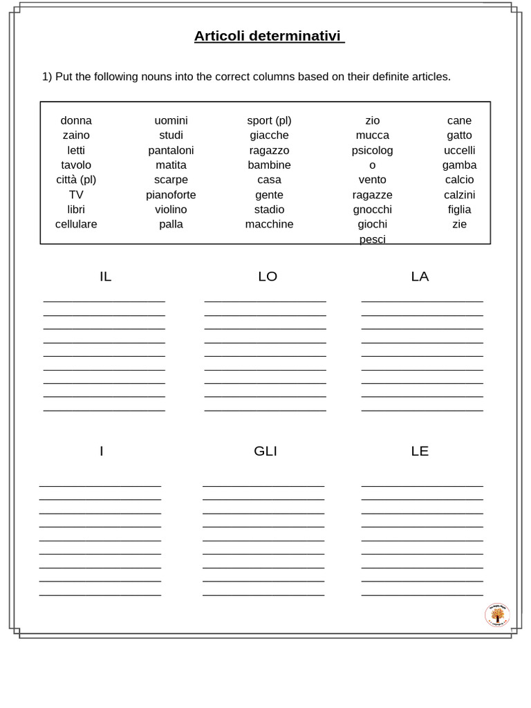 Italian Definite and Indefinite Articles Worksheets | PDF
