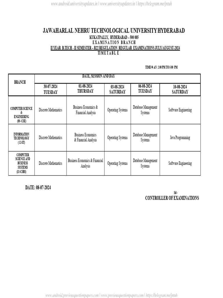 JNTUH B.Tech II Sem Exam Timetable 2024 | PDF | Computer Science | Discrete Mathematics