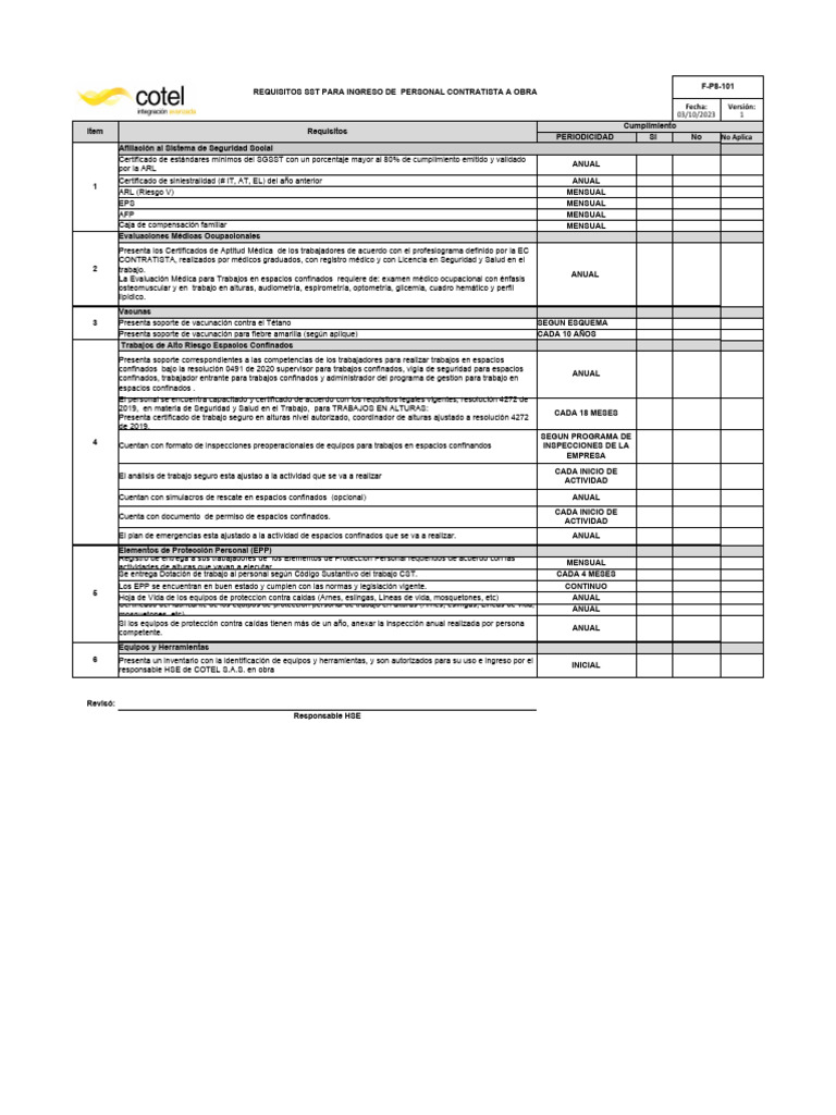 F-P8-101 Check List Requisitos Ssta Ec Contratistas - V1 | PDF | Soldadura | Construcción