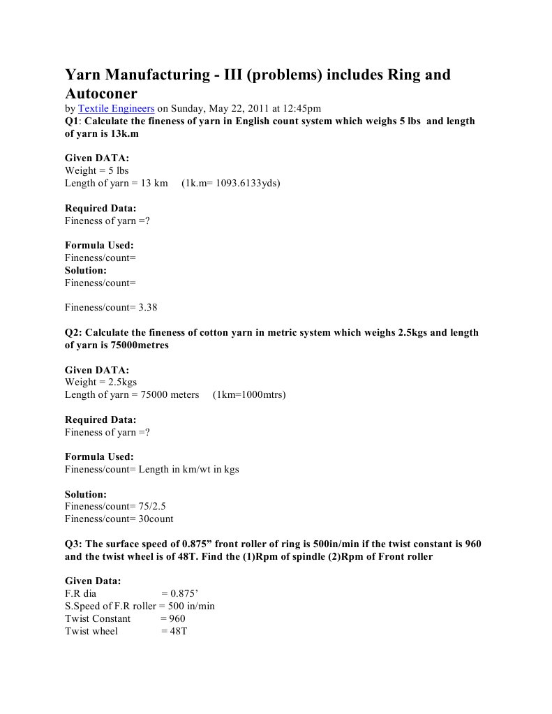 Formulas | PDF | Spindle (Textiles) | Textile Arts