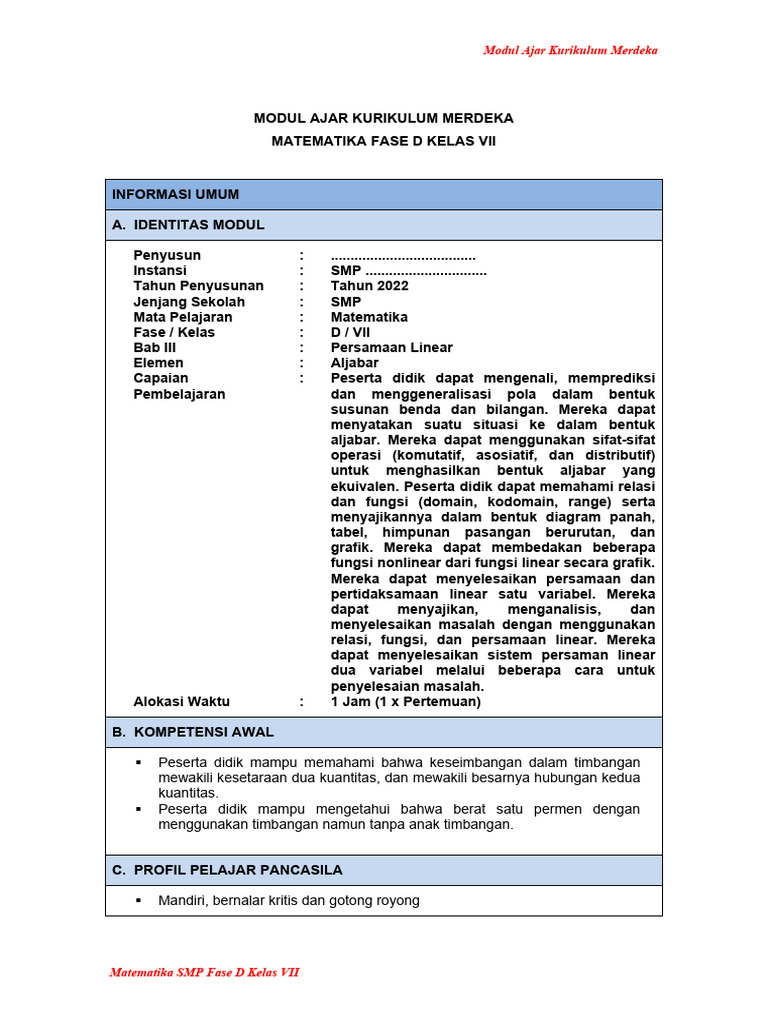 Modul Ajar BAB III Persamaan Linear | PDF | Karier & Perkembangan
