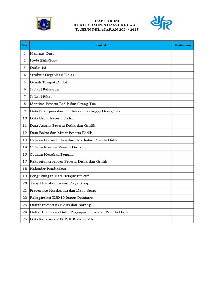 Buku Administrasi Kelas SD 2024/2025 | PDF