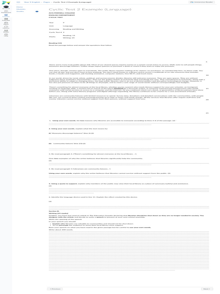 Cyclic Test 2 Example (Language) : Year 9 English | PDF | Libraries