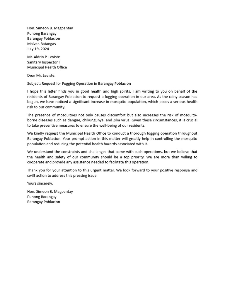 Request Letter For Fogging | PDF