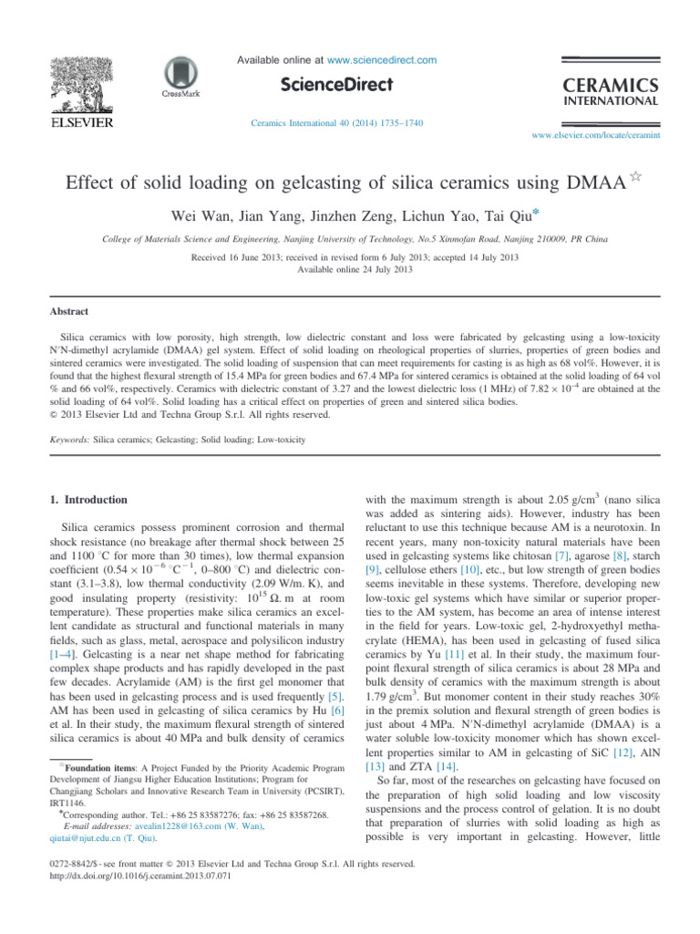 Effect of Solid Loading On Gelcasting of Silica Ceramics Using DMAA | PDF | Ceramics | Sintering