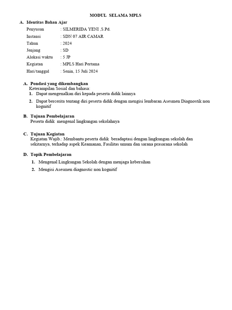 MODUL AJAR MPLS Kelas 4 TA.2024, 2025 | PDF