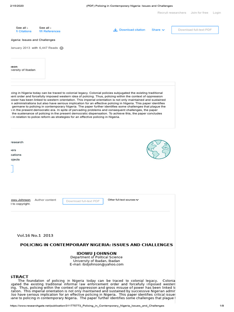 (PDF) Policing in Contemporary Nigeria - Issues and Challenges | PDF ...