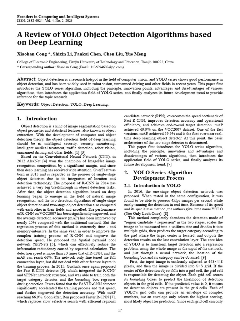 A Review of YOLO Object Detection Algorithms Based | PDF | Deep Learning | Artificial Intelligence