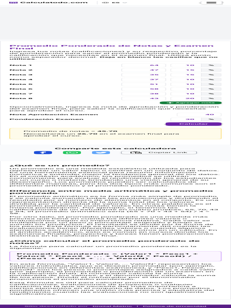 Calcular Promedio Ponderado de Notas Nota para Examen | PDF | Media ...
