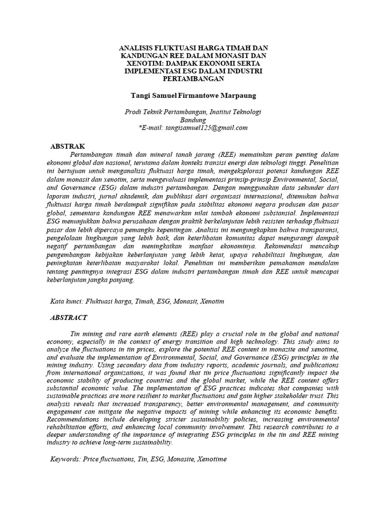 Analisis Fluktuasi Harga Timah Dan Kandungan Ree Dalam Monasit Dan ...