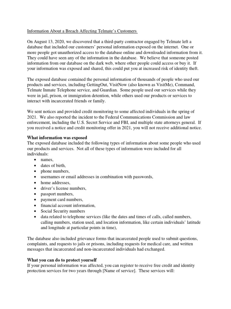 Telmate Data Breach Information Pdf Credit History Identity Theft