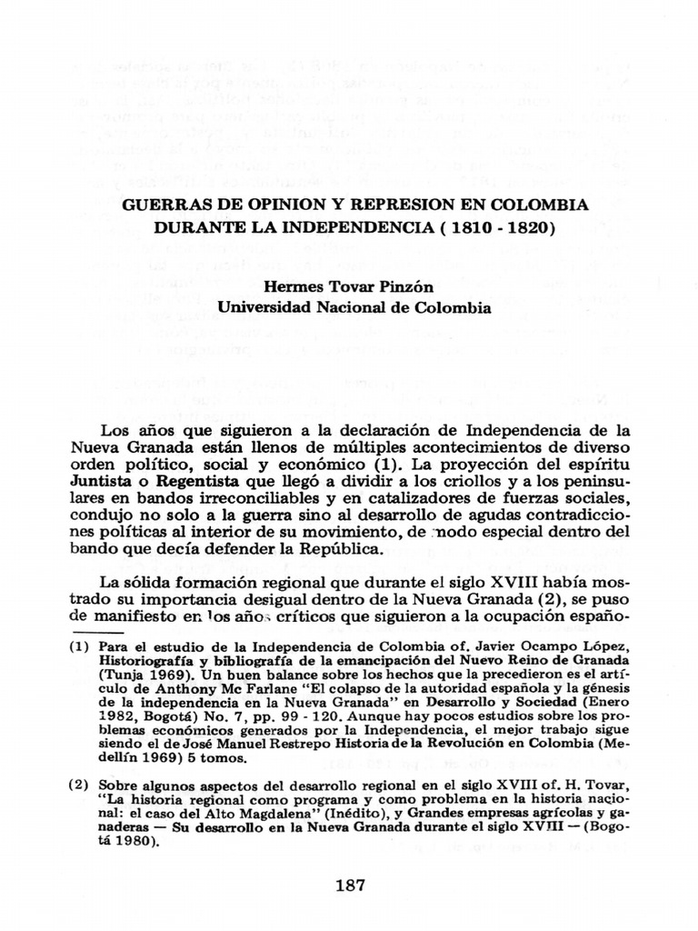 Tovar Pinzon, Hermes - Guerras de Opinion y Represion en Colombia Durante La Independencia (1810 ...