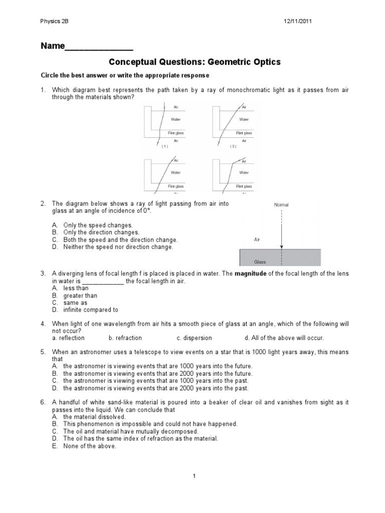 PHY 2B Geometric Optics Questions | Download Free PDF | Lens (Optics ...