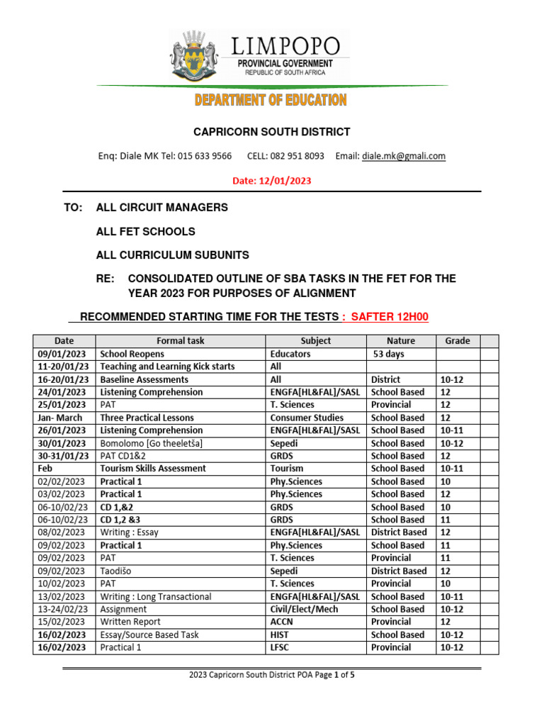 2023 Capricorn South District SBA Tasks | PDF