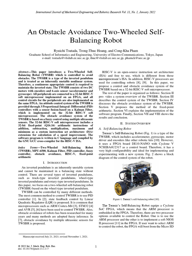 An Obstacle Avoidance Two Wheeled Self Balancing Robot Pdf Kalman Filter Computer Architecture
