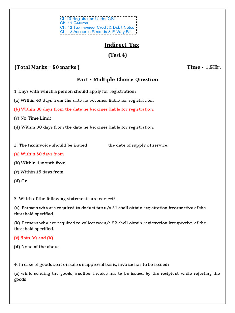 Test Paper 4 Chapter 10 To 13 | PDF | Taxes | Invoice