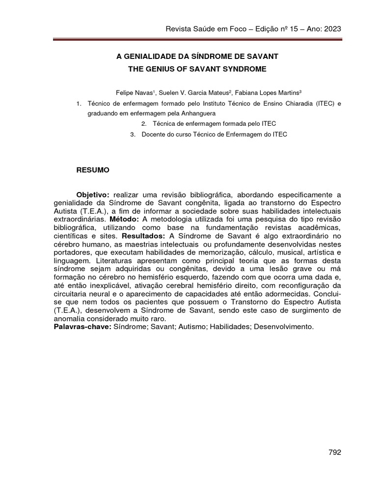 A GENIALIDADE DA SÍNDROME DE SAVANT. Pág 792 À 804 | PDF | Espectro do autismo | Síndrome de ...