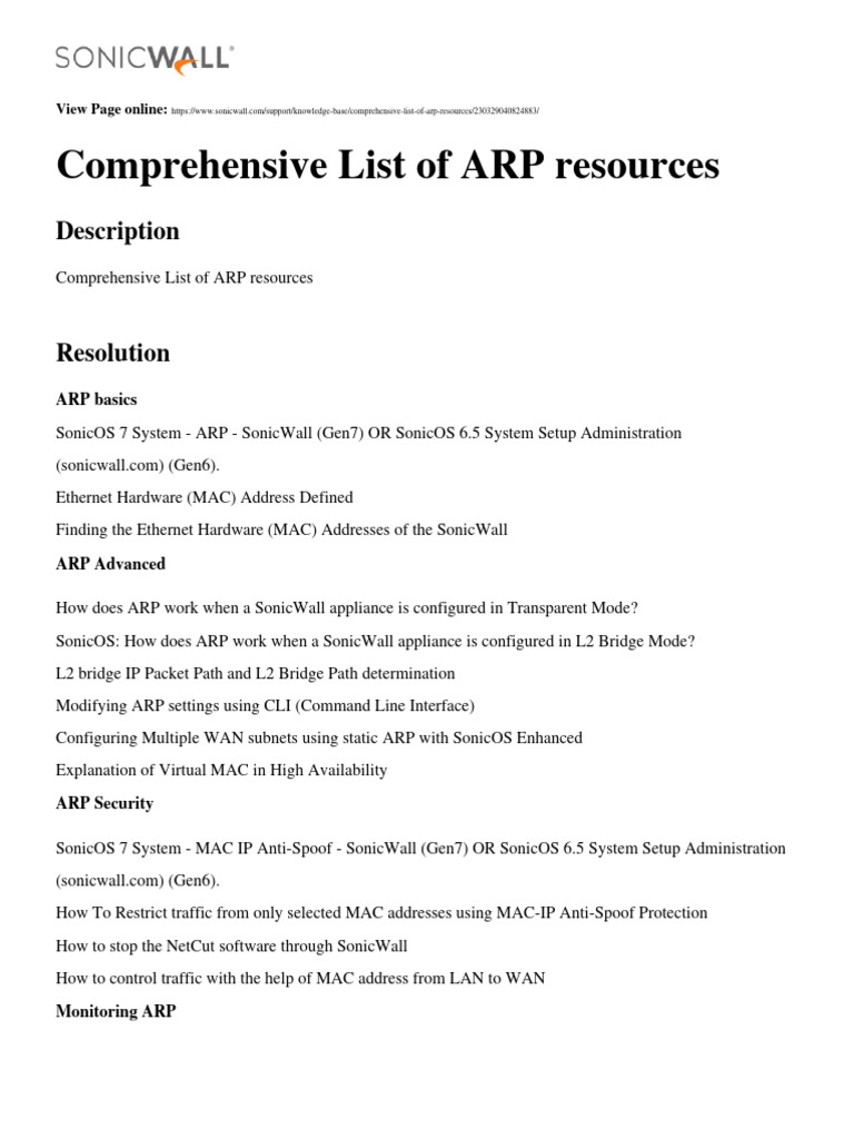 ARP Resources for SonicWall Systems | PDF | Technology & Engineering