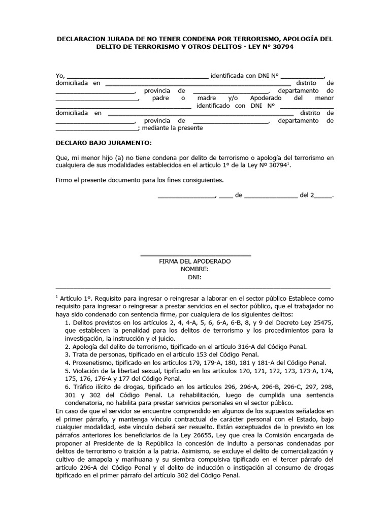 Declaracion Jurada de No Tener Condena Por Terrorismo - para Menores de Edad | PDF | Documento ...