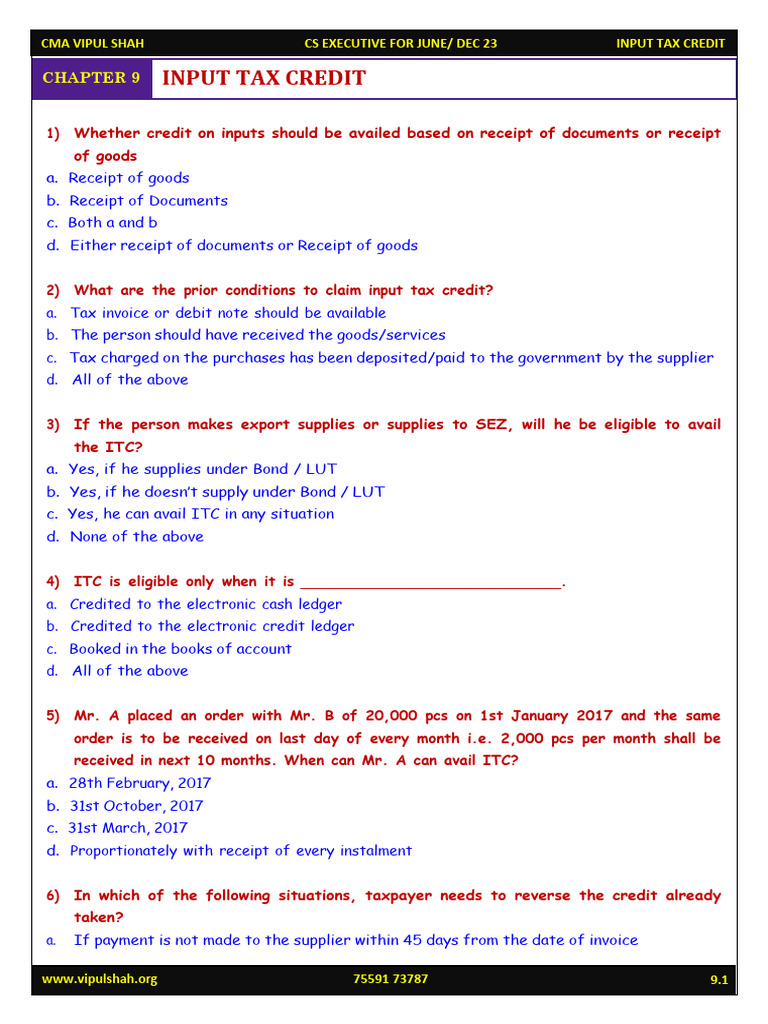 Chapter 9 Input Tax Credit | PDF | Taxes | Receipt