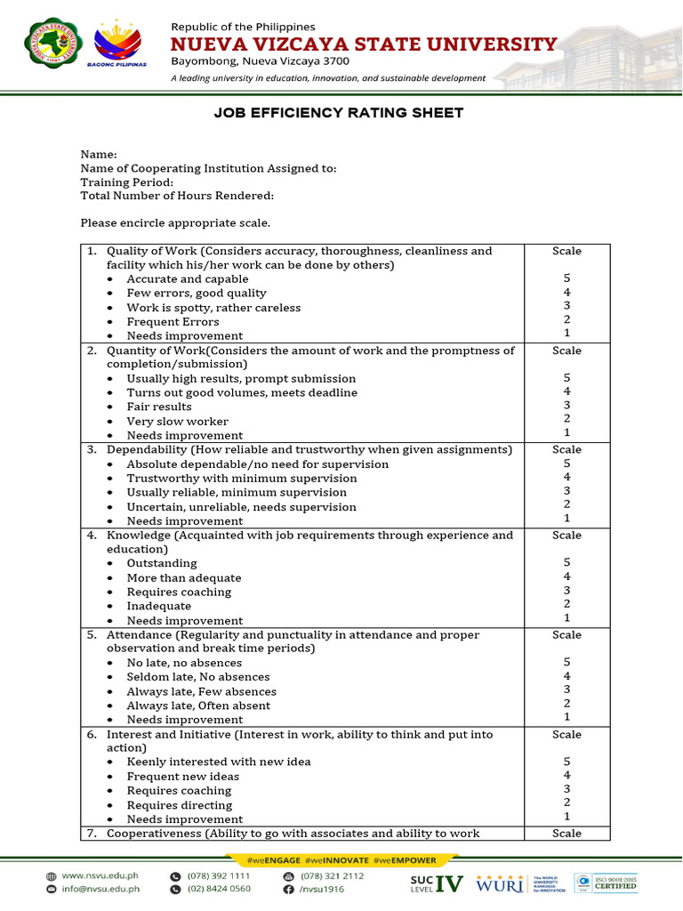 Job Efficiency Rating Sheet Template | PDF | Cognition | Cognitive Science