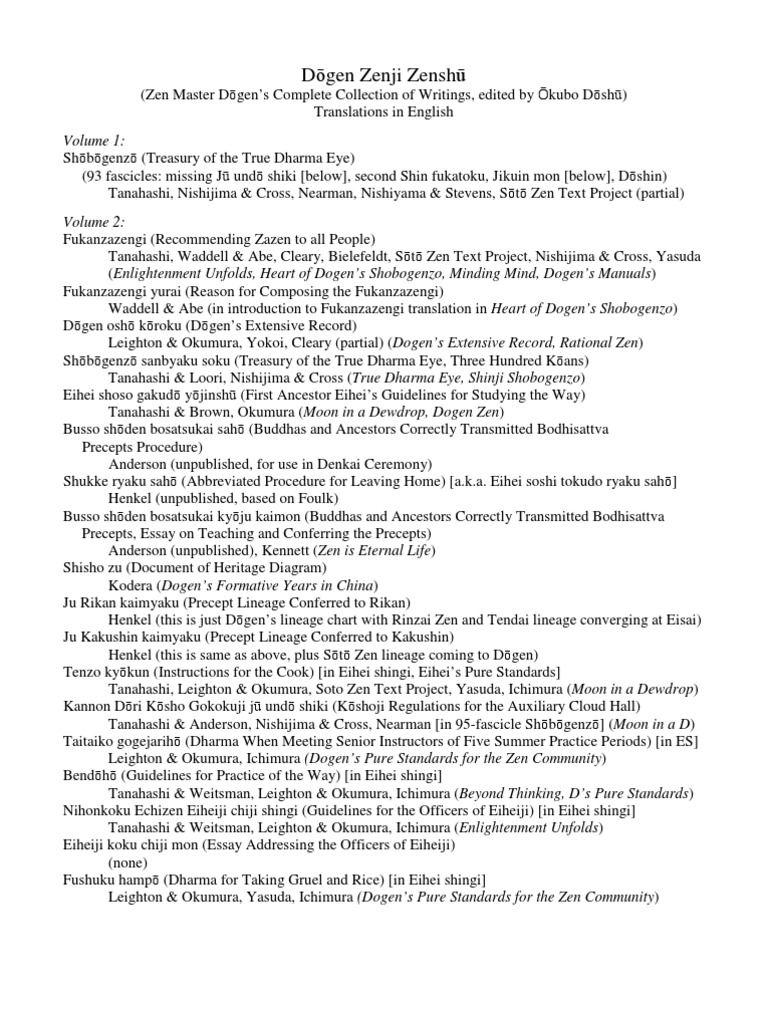Dogen Zenji Zenshu (Complete Collection) Contents | PDF | Dōgen ...