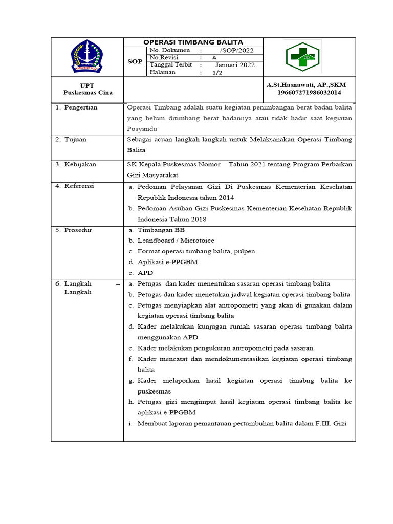 Sop Operasi Timbang Balita | PDF