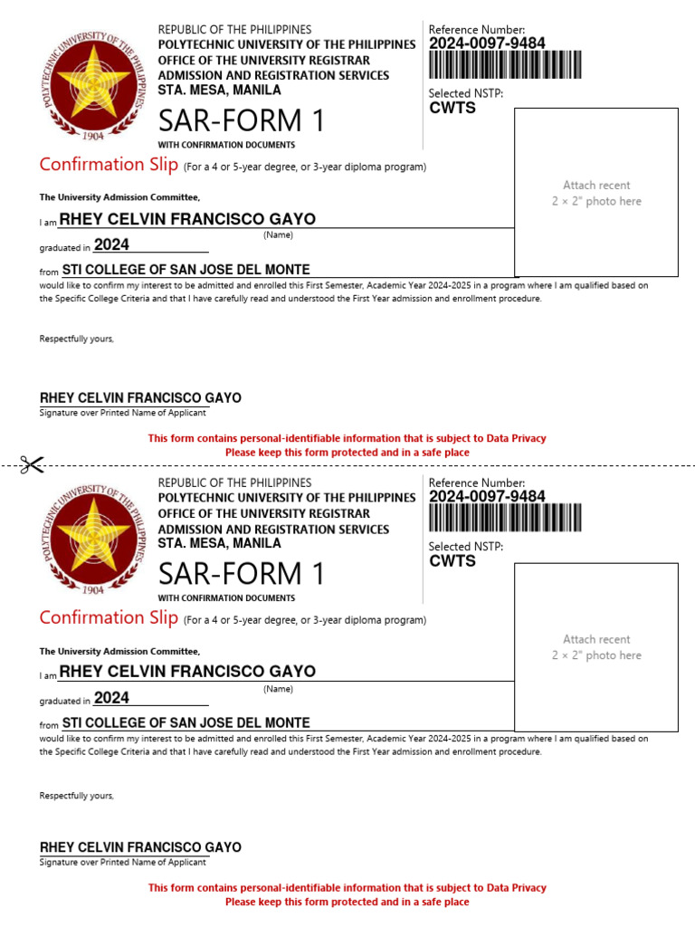 PUP Admission Document 2024 0097 9484 | Download Free PDF | Birth ...