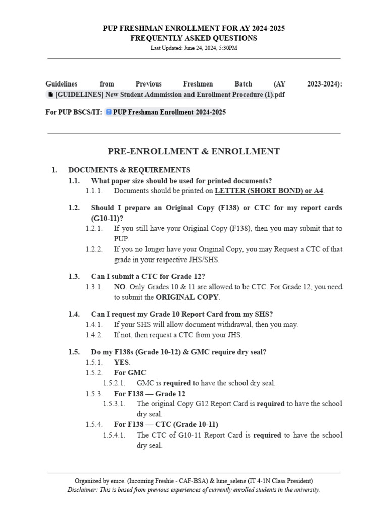 PUP 2425 Freshmen Enrollment FAQs | PDF | Career & Growth PUP 2425 Freshmen Enrollment FAQs | PDF | Career & Growth