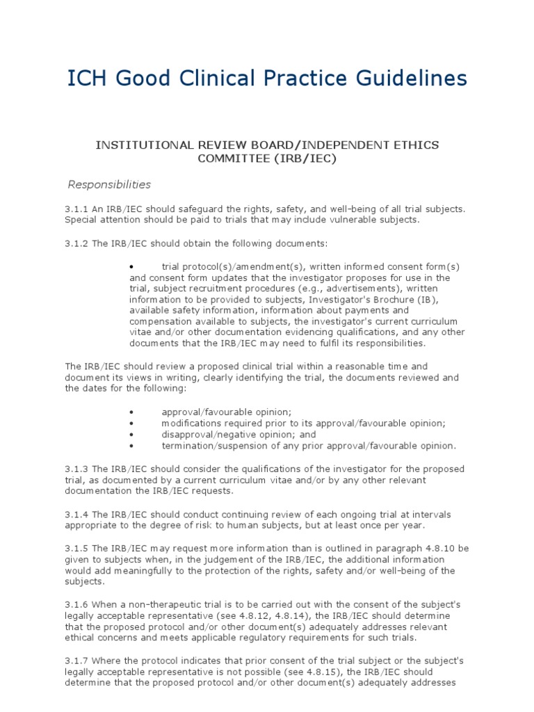 ICH Good Clinical Practice Guidelines | PDF | Institutional Review ...