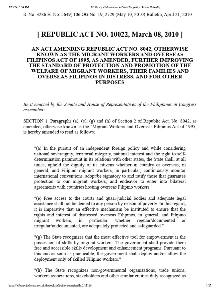 Migrant Workers and Overseas Filipino Act - R.A. No. 8042 As Amended by ...