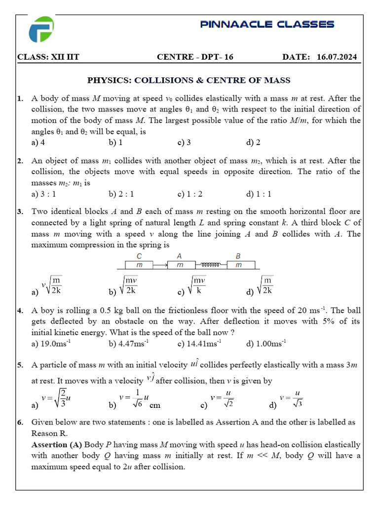 Physics XII: Collisions & Centre of Mass | PDF | Collision | Mass