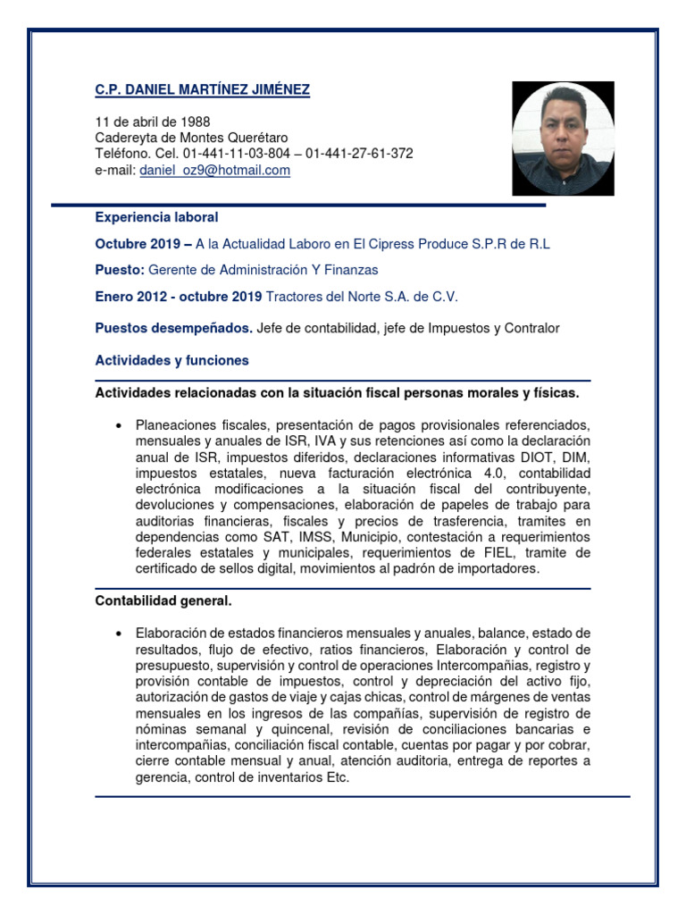 CV Daniel Martinez Finananzas e Impuestos | PDF | Contador | Contabilidad