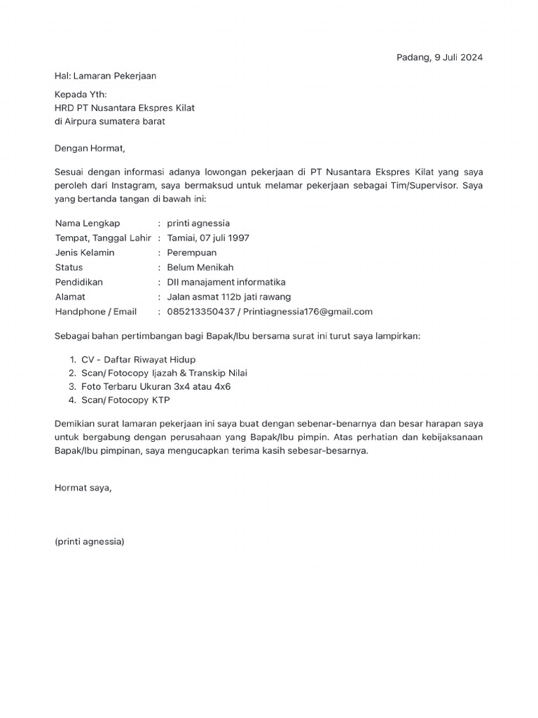 Lamaran-PT Nusantara Ekspres Kilat | PDF