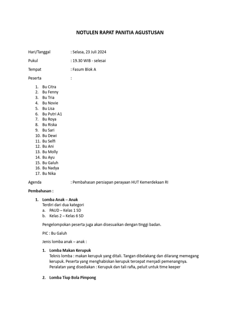 Notulen Rapat Panitia Agustusan 2024 | PDF | Memasak, Makanan, & Anggur