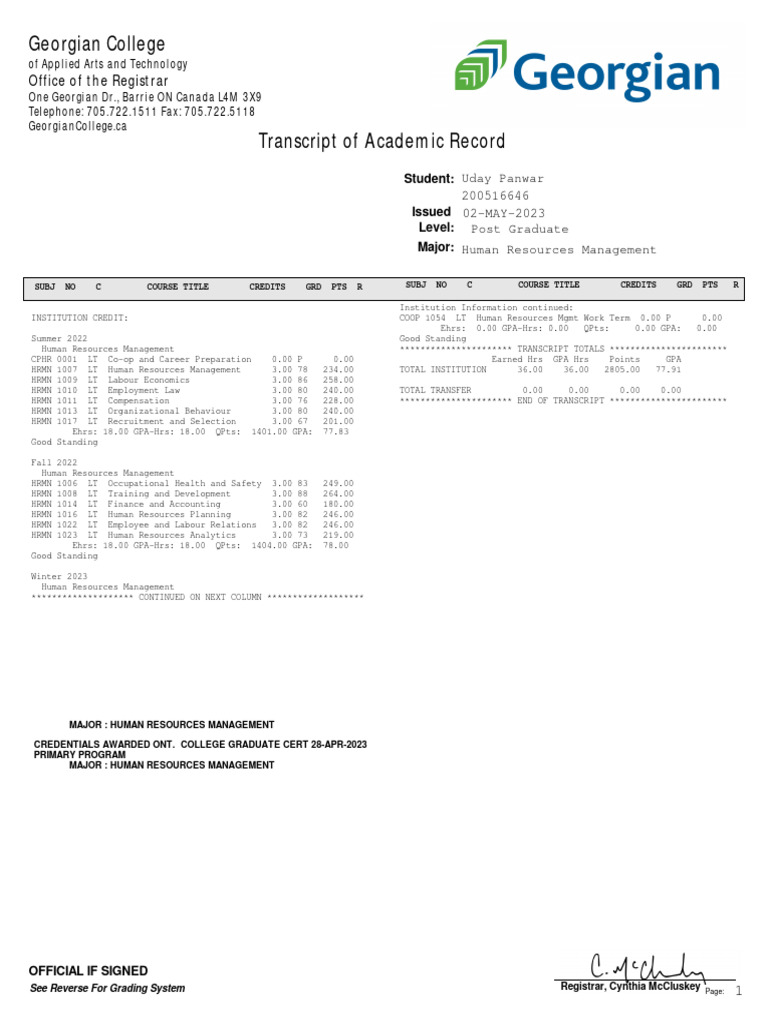 Georgian College HR Management Transcript | PDF | Course Credit | Academia