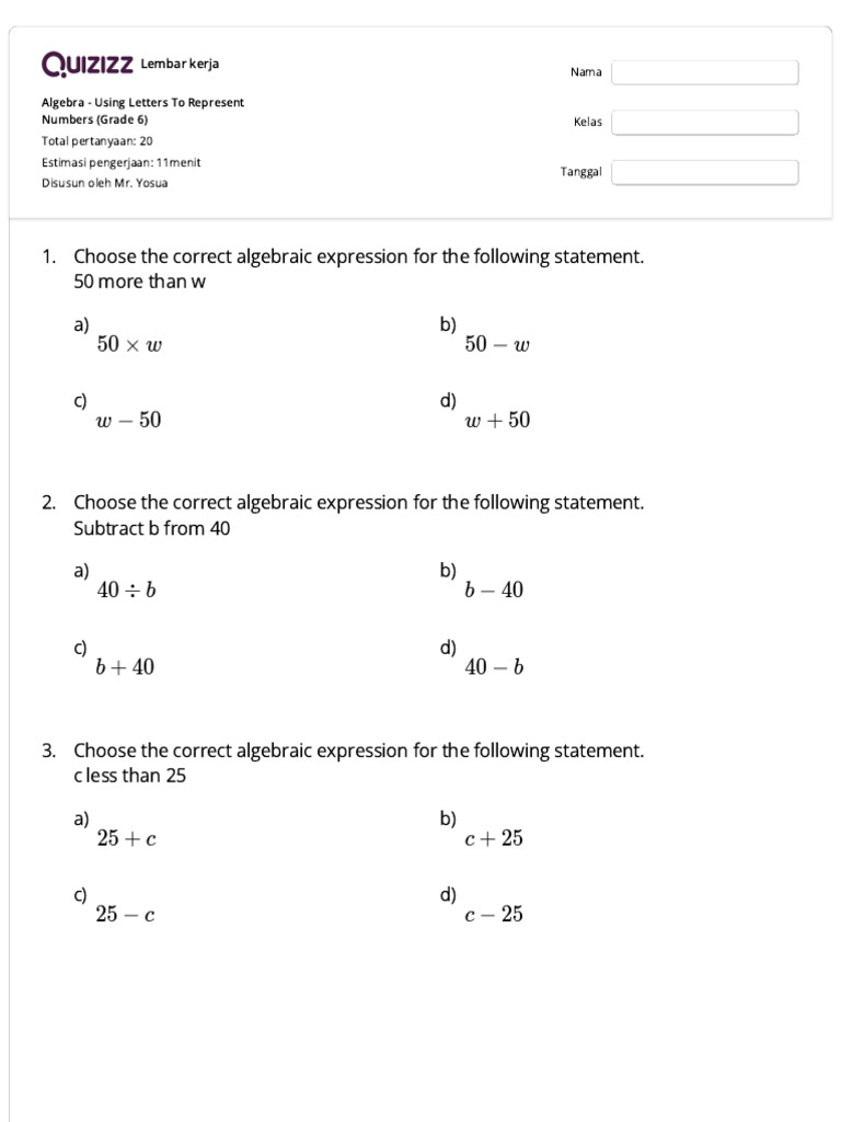Algebra - Using Letters To Represent Numbers (Grade 6) - Quizizz | PDF ...