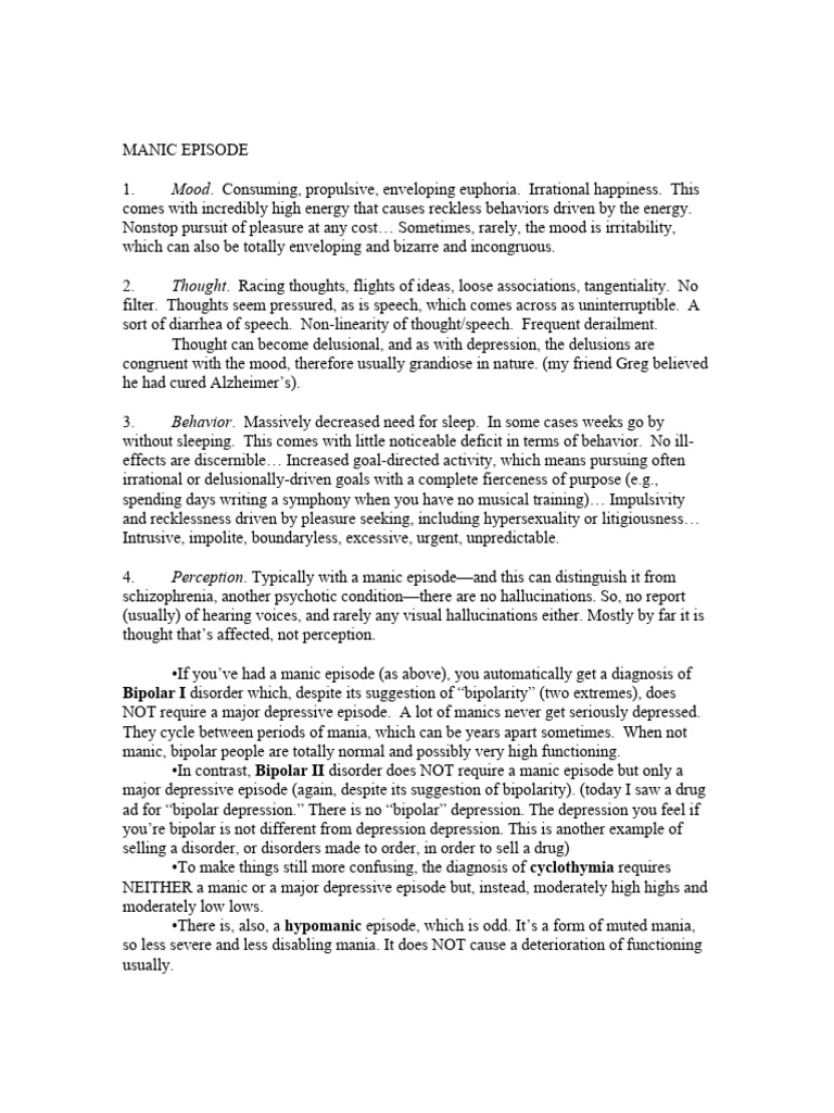 Manic Episode Symptoms Plus More | PDF | Mania | Bipolar Disorder