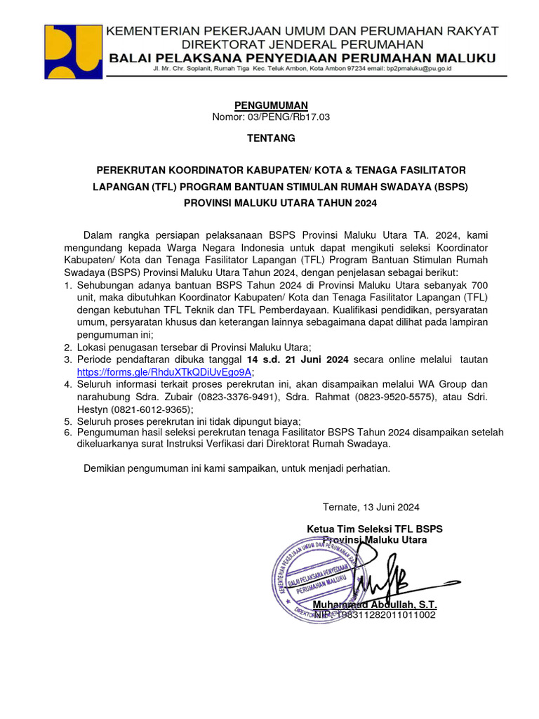 Pengumuman Perekrutan TFL BSPS Malut 2024 | PDF