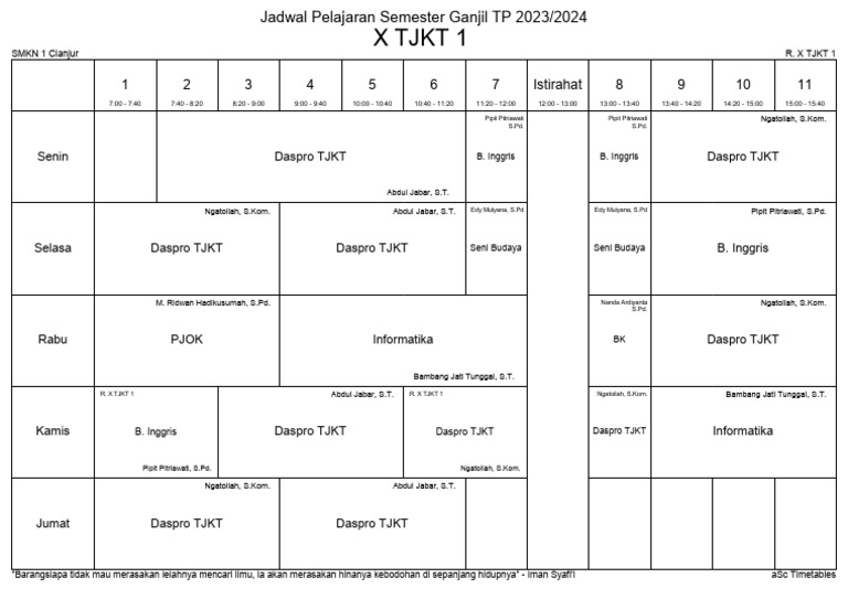 Jadwal Pelajaran X TJKT 1 2023/2024 | PDF