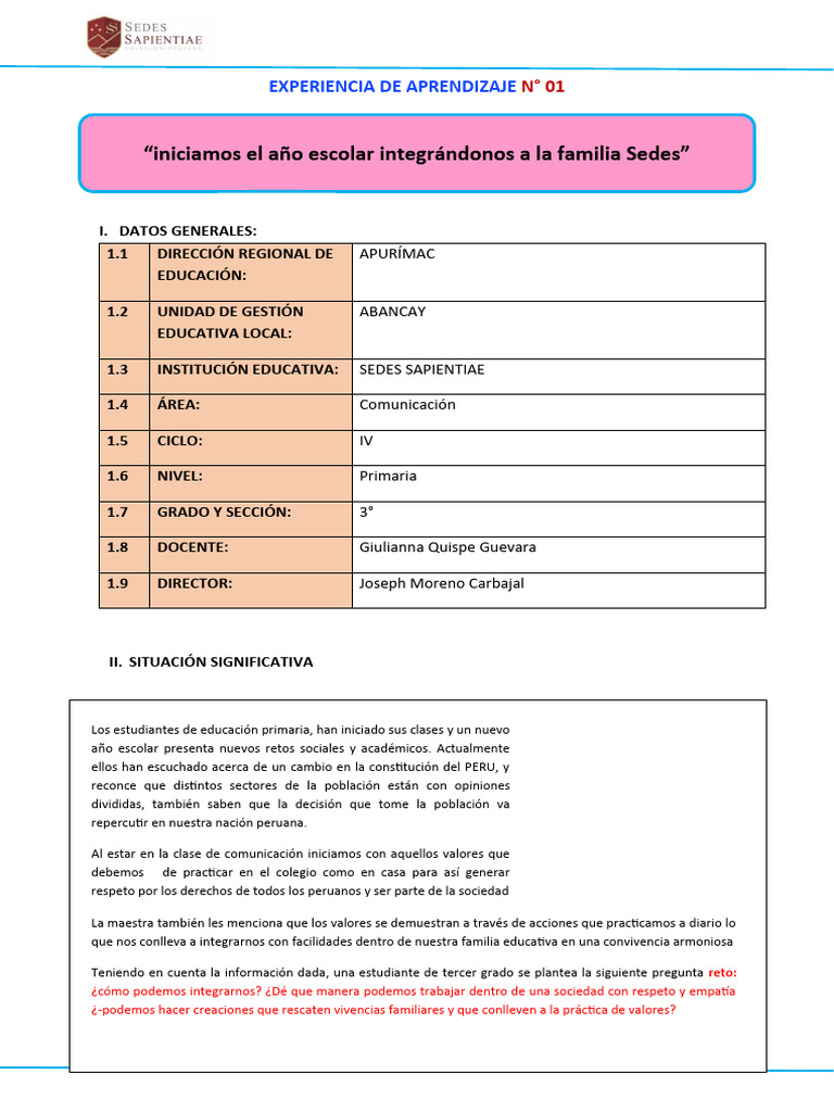 Experiencias de Aprendizaje 01 de 3° Grado | PDF | Evaluación | Aprendizaje