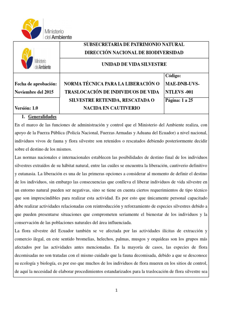MAE 2015 Norma Liberacin o Traslocacin de Individuos de Vida Silvestre | PDF | Especie en ...