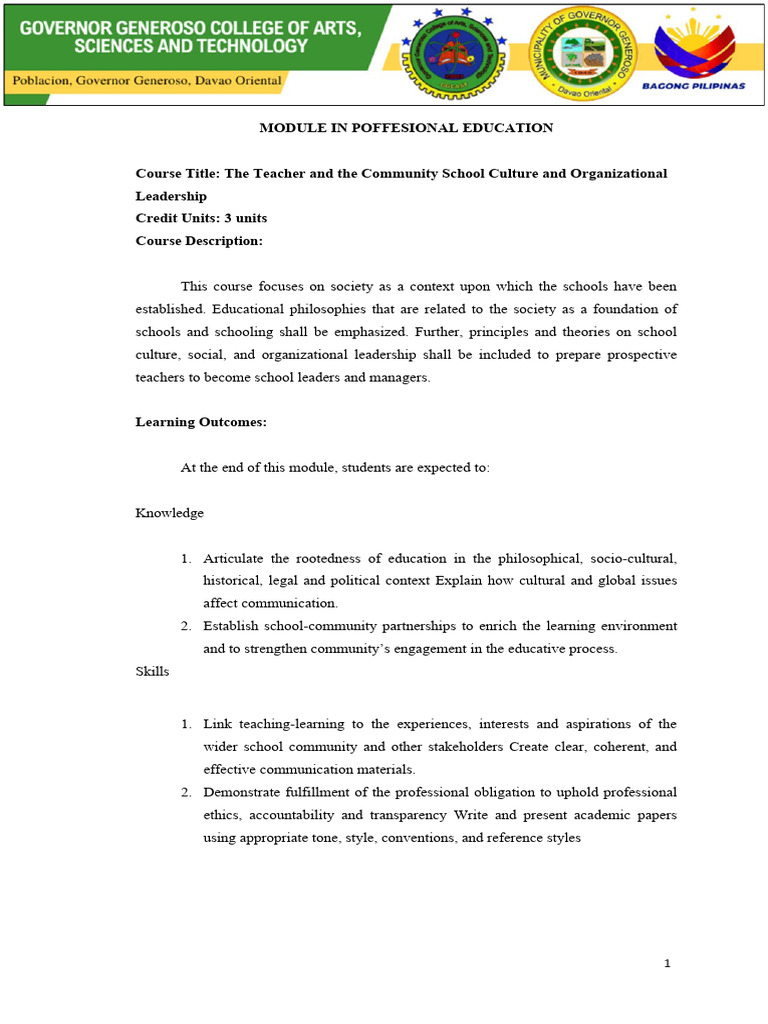 Educ 3 The Teacher & The Community, School Culture & Organiztional ...