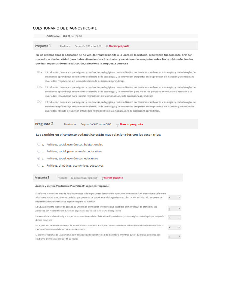 Cuestionario 1 de Diagnostico - 100 | PDF