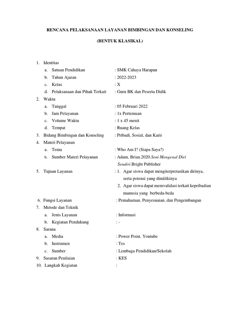 Rencana Pemberian Layanan (RPL) Format Klasikal | PDF | Karier ...