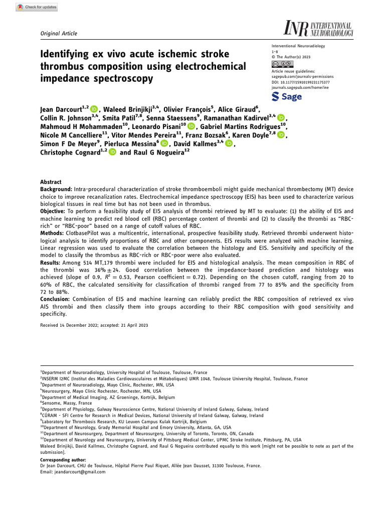 Darcourt Et Al 2023 Identifying Ex Vivo Acute Ischemic Stroke Thrombus Composition Using ...