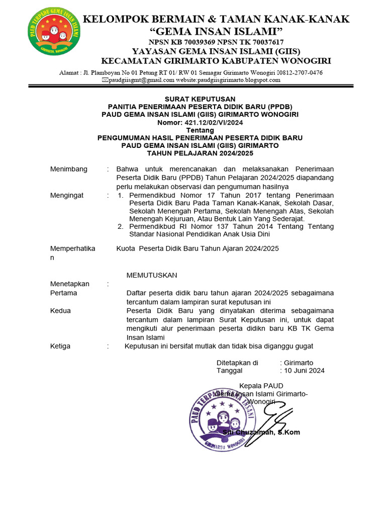 SK Peserta Didik Baru 2024 | PDF